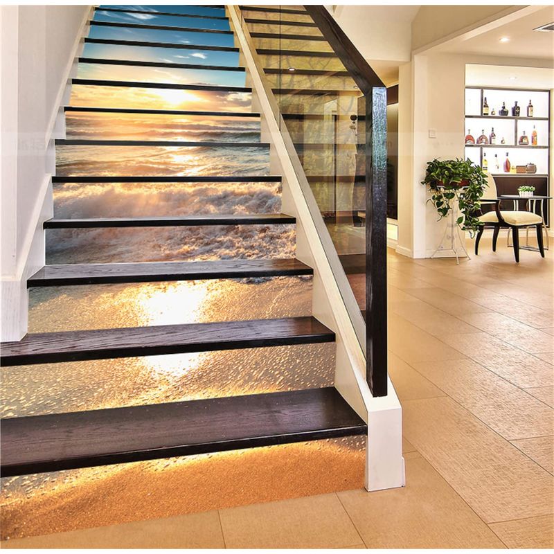 FLFK 13pcs Stair Risers Stickers Peel and Stick - 3D Sunset Wave Gold ...