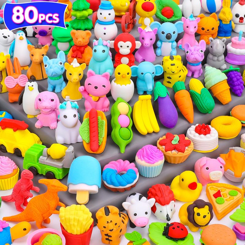 80PCS Mini Animal Erasers for Kids Bulk Small Toys, 3D Cute Erasers ...