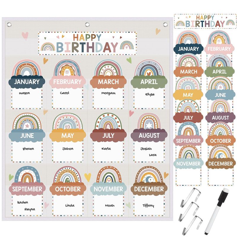 Kosiz Birthday Pocket Chart for Classroom Boho Rainbow Happy Birthday ...