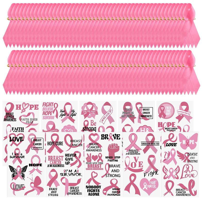 WANDIC Pink Ribbon Awareness Kit, 100PCS Ribbon Pins 10 Sheets ...