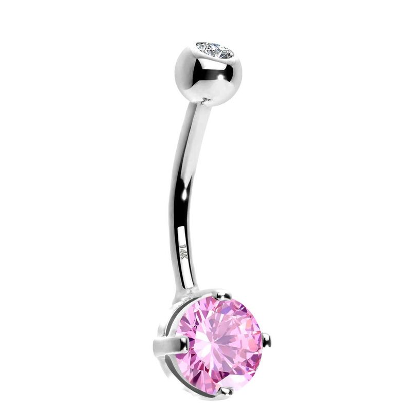 OUFER Belly Bar 14G 14K Solid Gold Belly Button Piercing Clear Round CZ ...