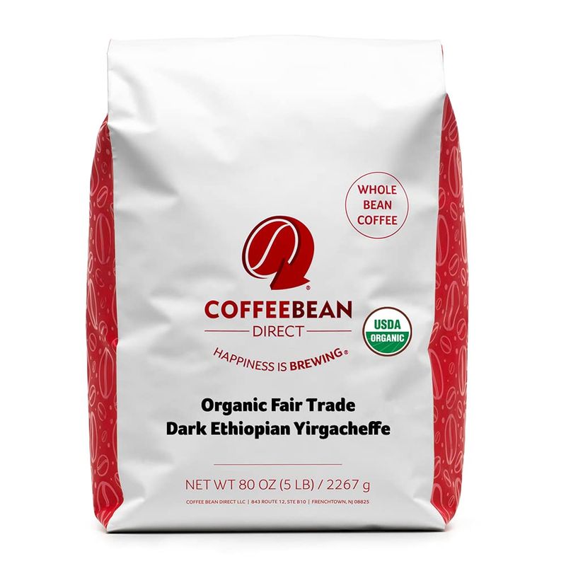 Coffee Bean Direct Dark Ethiopian Yirgacheffe, Organic Fair Trade Whole Bean Coffee, 5-Pound Bag ...