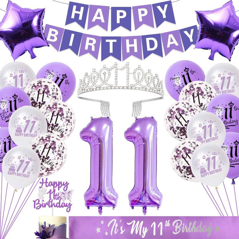 Purple 11th Birthday Decorations for Girls, Includes Happy Birthday ...