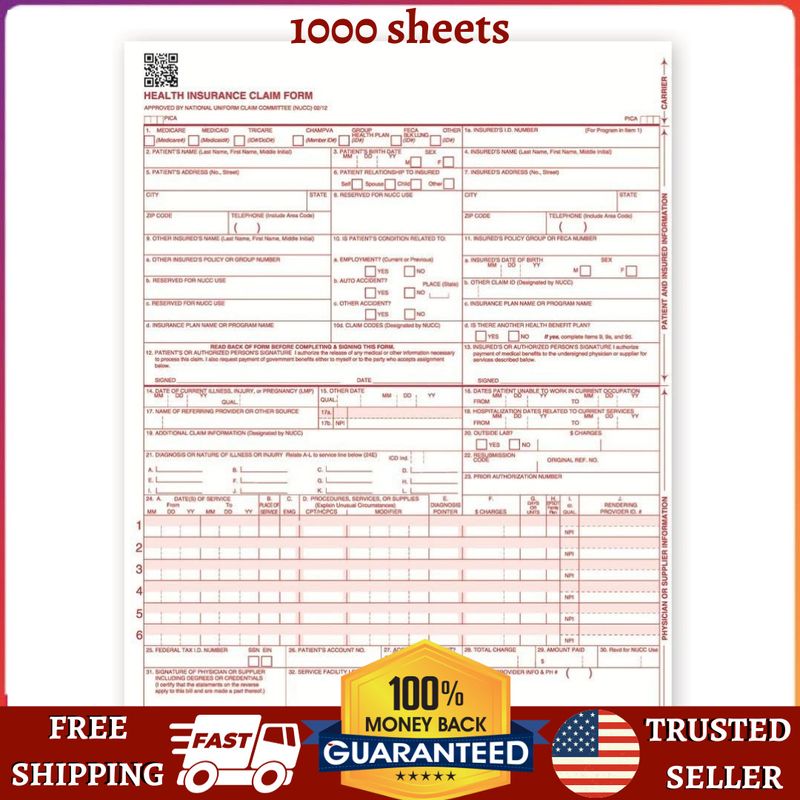 1000 Pack CMS 1500 Claim Forms HCFA Version 02/12 Health Insurance ...