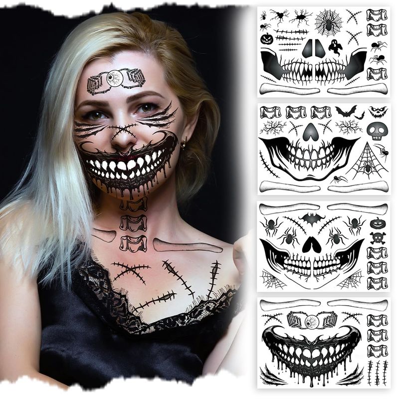 Halloween Temporary Face Tattoos, 4-Pack Skull and Creepy-Mouth Face ...