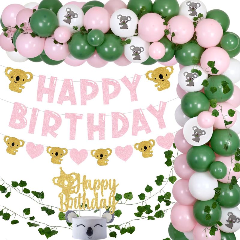 Koala Theme Birthday Balloon Garland Kit Avocado Green Pink for Girl with Koala Happy Bday ...