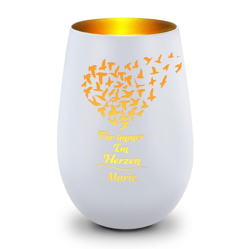 GRAVURZEILE Deko Windlicht aus Glas mit Gravur - Für Immer im Herzen - Personalisiert mit Namen ...
