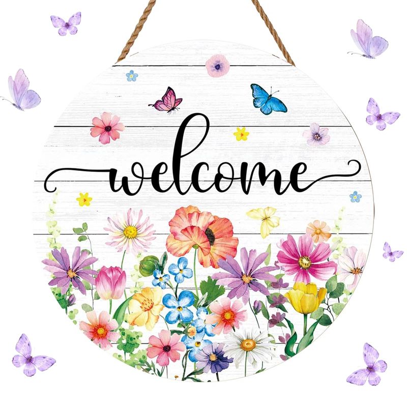 Spring Tulip Flower Welcome Front Door Sign Floral Blue Butterfly ...