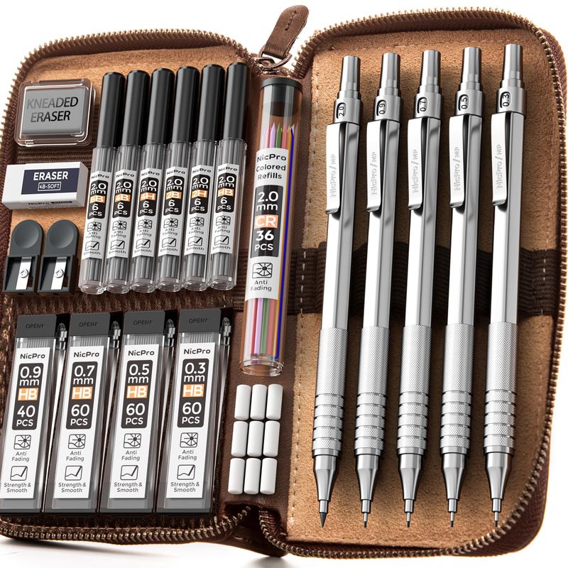 Nicpro 20PCS Metal Mechanical Pencil Set in Leather Case, Art Drafting ...