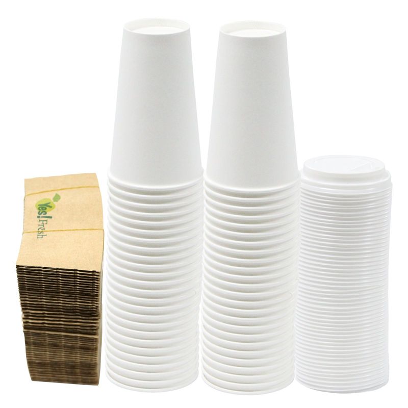 Yes!Fresh Disposable White Paper Hot Coffee Cups with Lids for Office ...