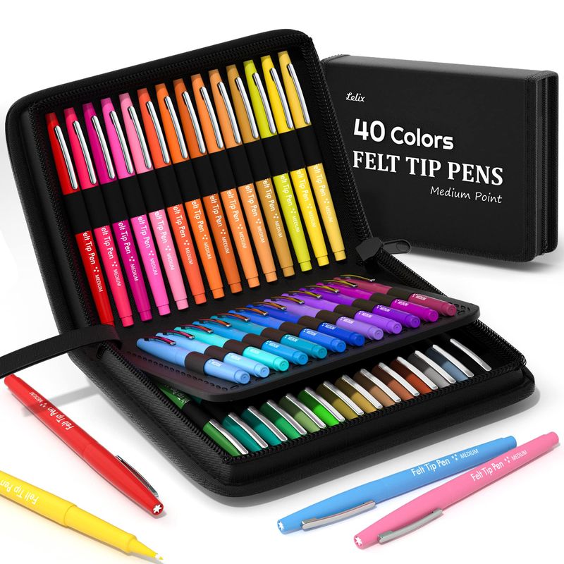 Lelix Felt Tip Pens, 40 Colored Pens with Case, Medium Point, Felt Tip ...