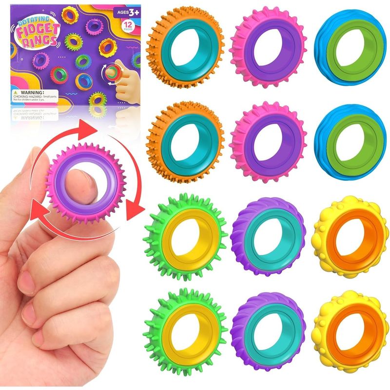 Fidget Toy Sensory Rings for Kids, 12 Pack Finger Spinner Rings ...