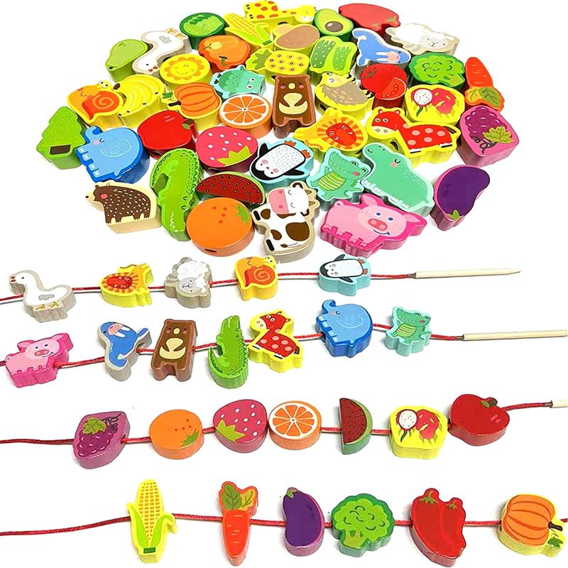 Intsinzi 46 PCS Montessori Wooden Lacing Beads Toys for Toddlers ...