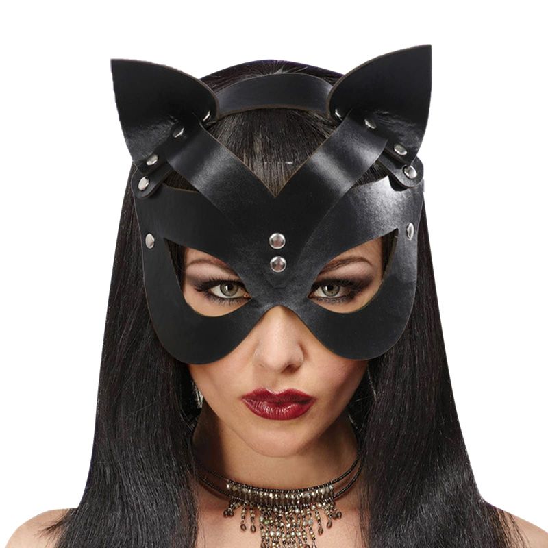 Women Faux Leather Masquerade Mask Black Goth Metal Fox Cat Eye Mask ...