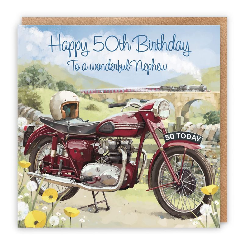 Hunts England - 50th Nephew Birthday Card - Classic Motorbike And Steam ...