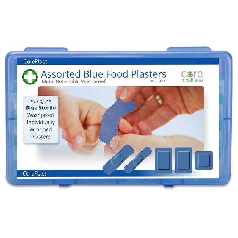 Blue Catering Plasters Assorted Pack 100 CorePlast Metal Detectable ...