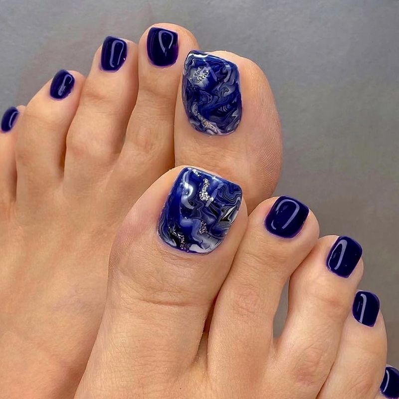 Handcess Glossy False Toenails Blue Press on Toe Nail Square Fake Toe ...