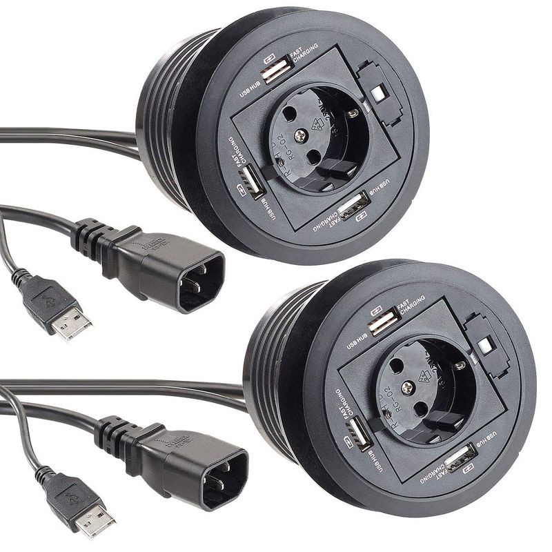 revolt Table Recessed Sockets: Set of 2 Active 3-Way USB 2.0 Hubs for Table Installation (Desk ...