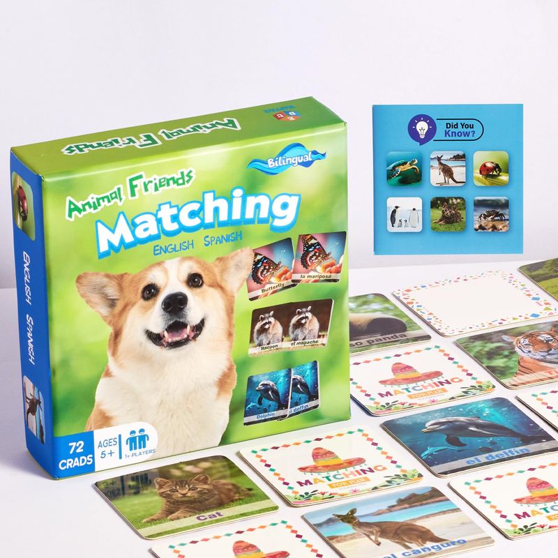 72 (36 Pairs) Spanish English Bilingual Animal Memory Matching Game ...