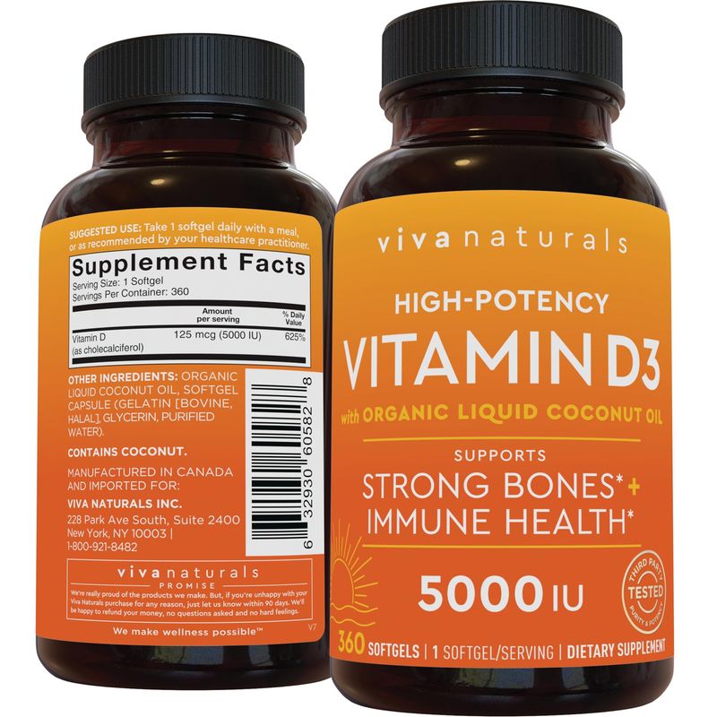 Viva Naturals D3 Vitamin 5000 IU Softgels (125 mcg), 360 Softgels ...