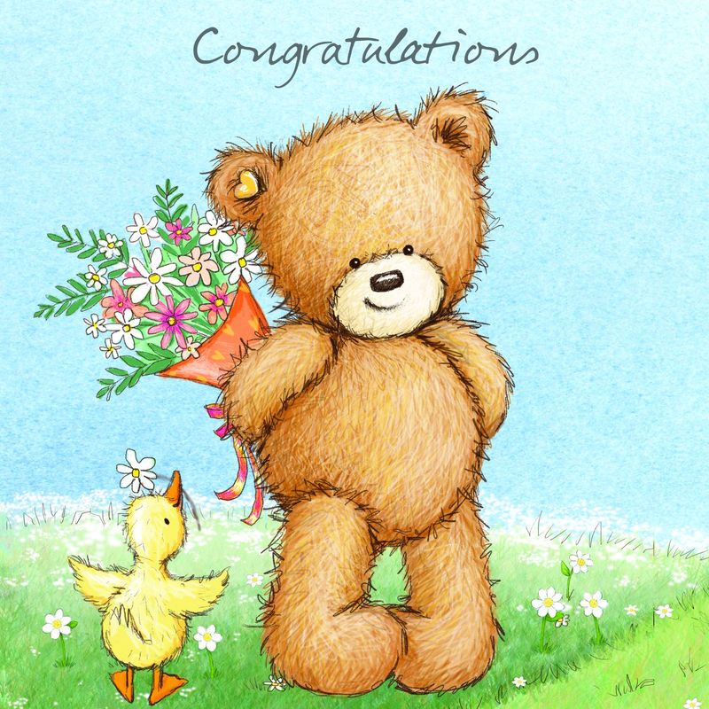 Twizler Popcorn The Bear Congratulations Card with Flowers and Duck ...