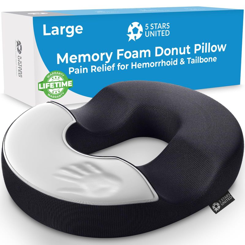 5 STARS UNITED Donut Pillow Hemorrhoid Tailbone Cushion – Large Black ...