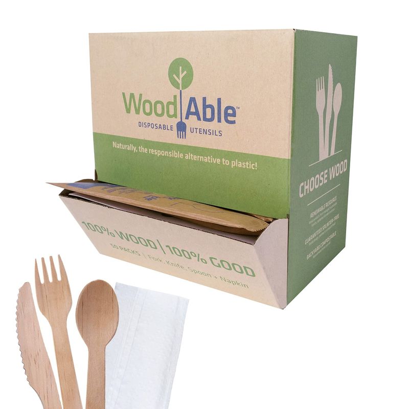 Disposable Wooden Cutlery Set - 100% Home Compostable - 50 Wrapped Sets ...