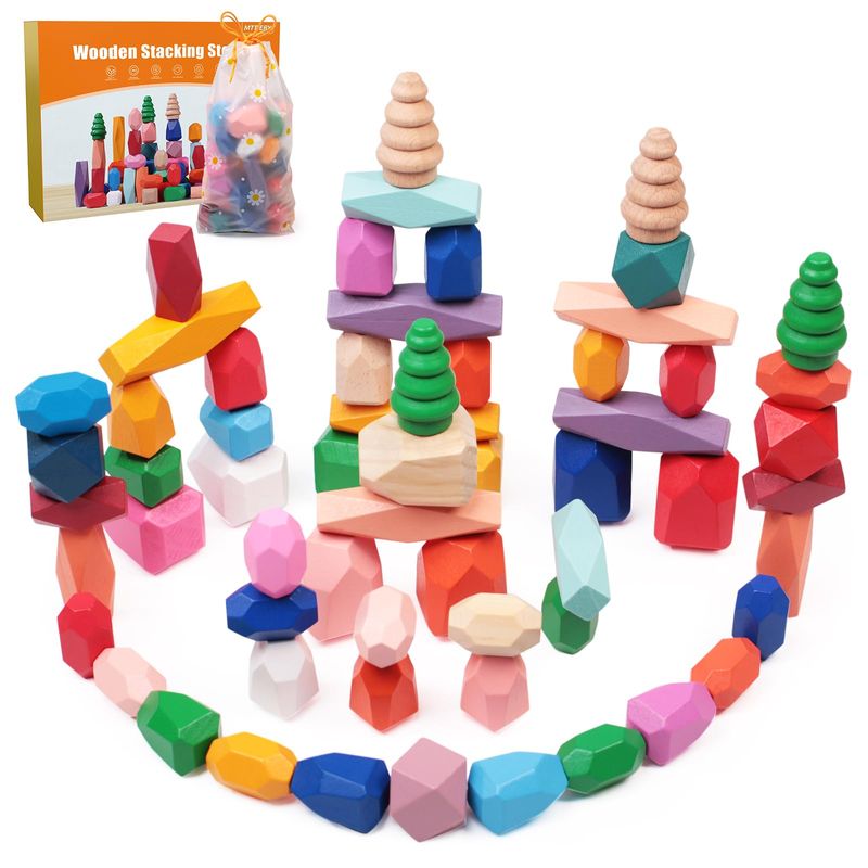 MTTIERY 50 PCS Wooden Sorting Stacking Rocks Stones Montessori Blocks ...