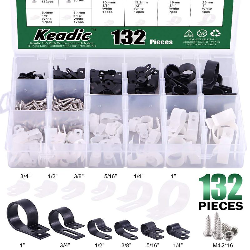 Keadic Cable Clamp 132 Pack Nylon R-Type Cord Fastener Clips Assortment ...