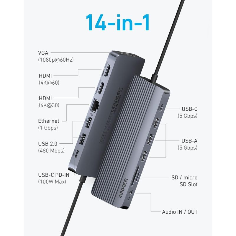 Anker 14-in-1 USB-C Hub With 4K HDMI, 1080p VGA, 100W Power Delivery ...