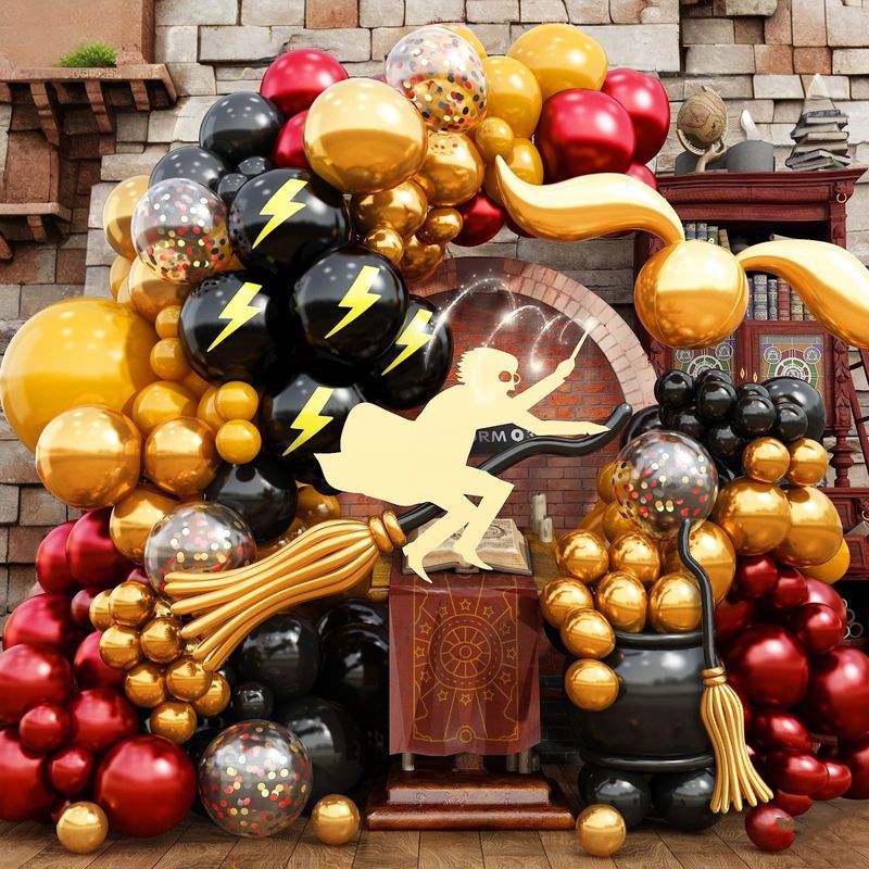 144PC Magical Wizard Balloons Arch, Burgundy Black Gold Lightning ...