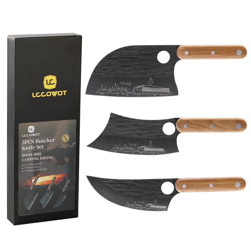 Lccowot 3 Piece Butcher Knife Set, 7" Butcher Meat Cleaver, 7" Serbian ...