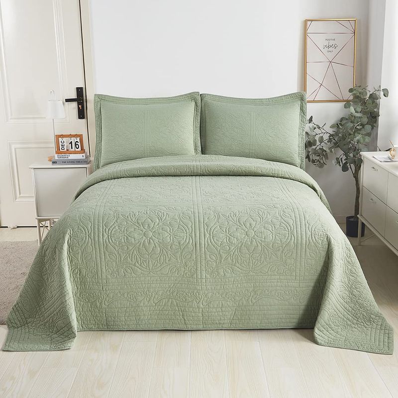 WINLIFE 100% Cotton Quilt Set Full/Queen Sage Green 98x90 Inch ...