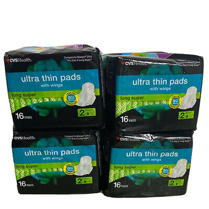 4 CVS Ultra Thin Pads With Wings Size 2 Long Super Pads 16 Pads Per ...