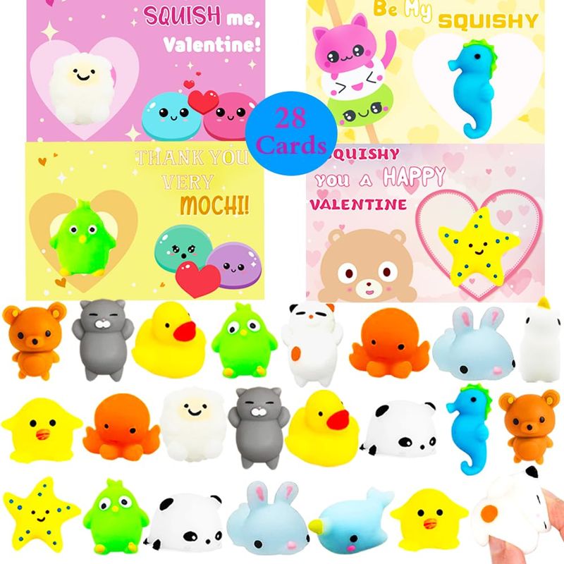 28 Packs Valentines Day Greeting Cards with Cute Mochi Squishies Toys for Kids Stress Relief ...