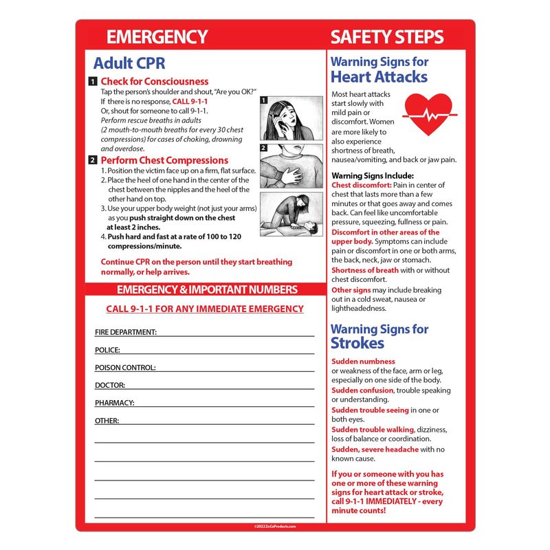 Adult CPR, Heart Attack & Stroke Rescue Chart – 8.5” x 11” Laminated ...