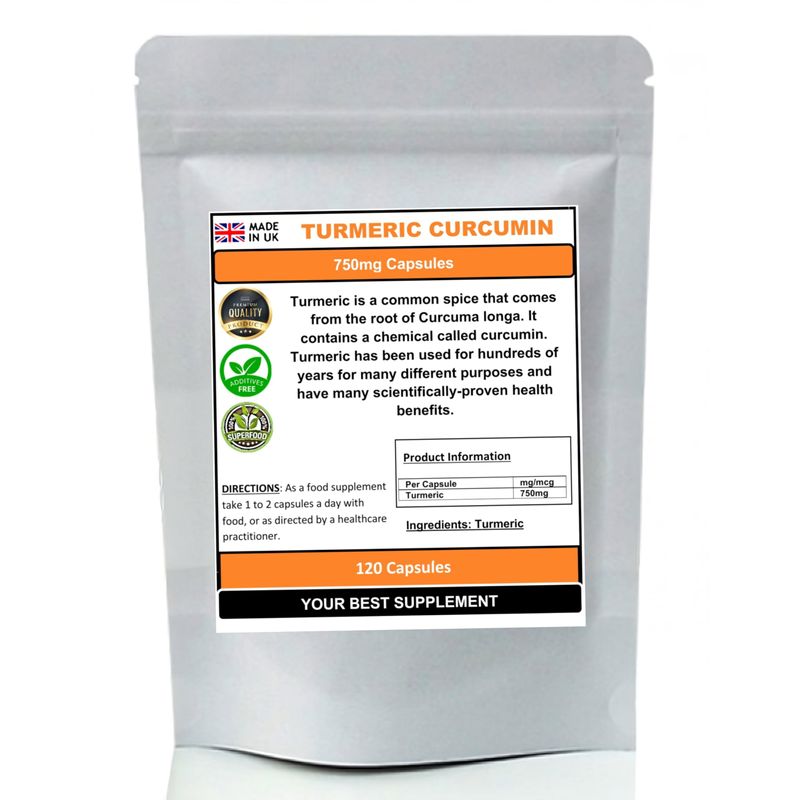Turmeric Curcumin Capsules 750mg 100% Natural High Strength Supplement ...