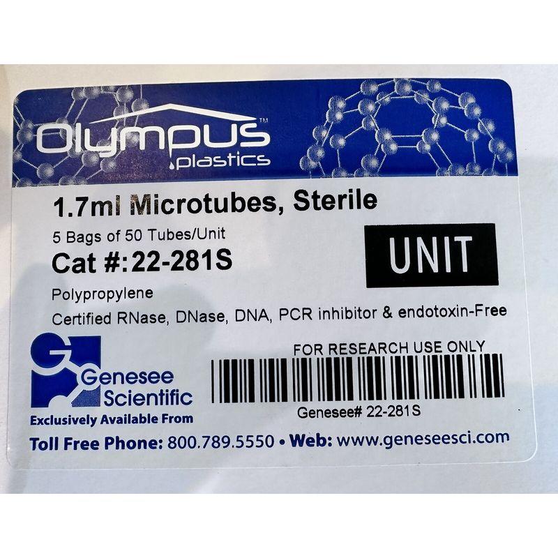 Sterile Bags Of 250 Olympus Plastics 1.7 ml Centrifuge Microtubes No ...