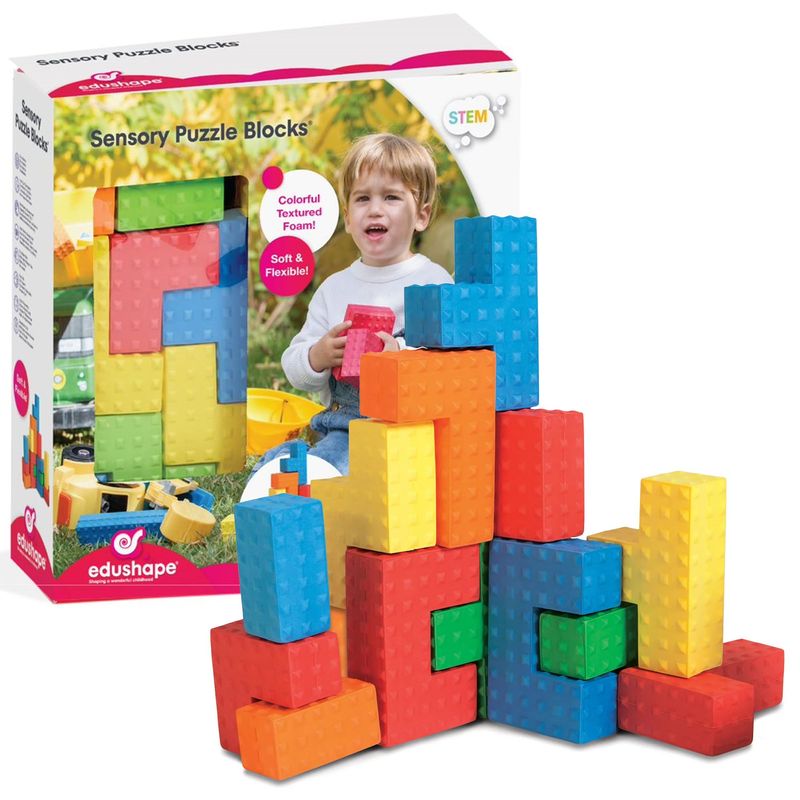 Edushape Sensory Puzzle Blocks - Set of 18 Colorful Textured Interlocking Construction Stacking ...