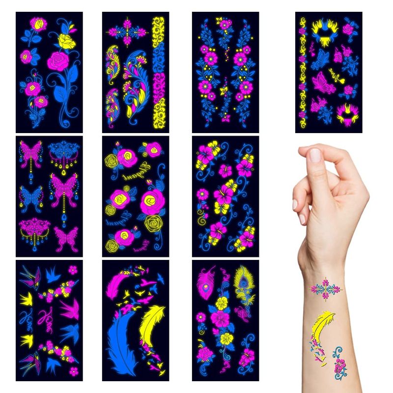 Neon Temporary Tattoo,10 Sheet Glow in the Dark UV Neon Body Face Skin ...