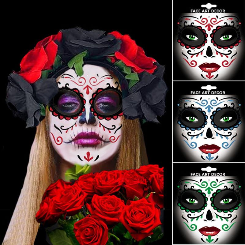 Day of the Dead Face Sticker Makeup Kit, 3 Packs Halloween Glitter ...