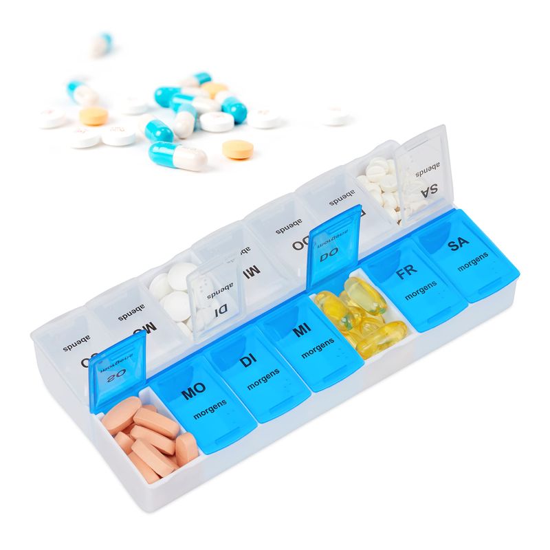 Relaxdays, White-Blue Pill Box for 7 Days, 2 Compartments, Morning ...