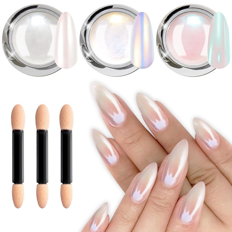 Pearl Chrome Nail Powder BISHENGYF - 3Pcs White Aurora Nail Chrome ...