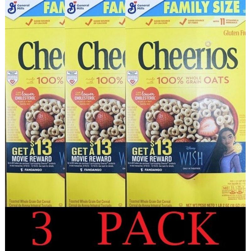 3x CHEERIOS FAMILY SIZE Heart Healthy with Whole Grain Oats Cereal 18 ...