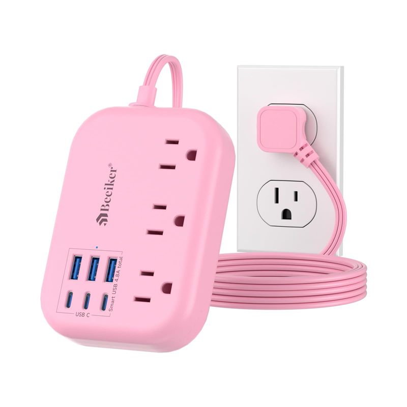 6 USB(3 USB C) Pink Power Strip- 5Ft Pink Extension Cord with 6 USB ...