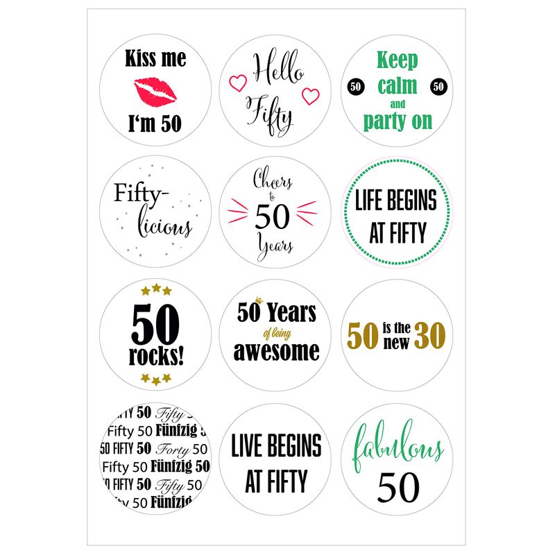 50th Birthday Stickers, 12 Stickers with Motif, 6 cm Diameter, 50th ...