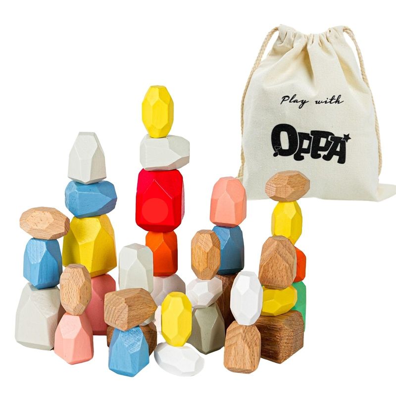 OPPA 36PCS Wooden Stacking Rocks, Montessori Sensory Toys for Toddlers ...