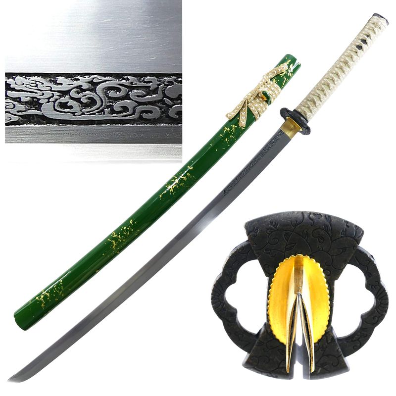 MAKOTO Handmade Olive Green Sharp Katana Samurai Sword 40", Vine Tsuba ...
