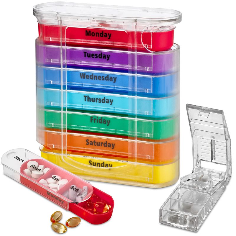 Weekly Pill Organizer with Pill Cutter - V-Grip Pill Splitter Stackable ...