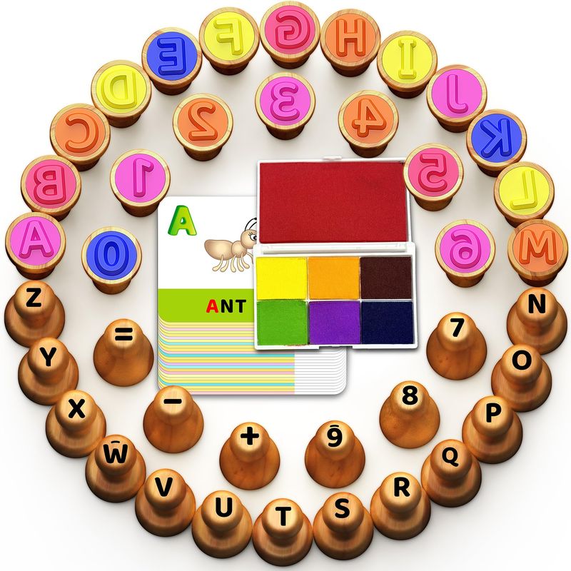 flycoost Wooden Alphabet Number Stamp Ink Pads Set for Kids, Montessori ...